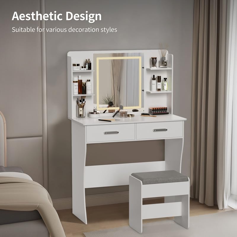 Vanity Desk with Mirror and Lights, White Makeup Vanity Desk with Led Lights Mirror and Chair, Makeup Vanity Dressing Table Set with 2 Drawers and 6 Storage Shelves for Bedroom Dressing Room