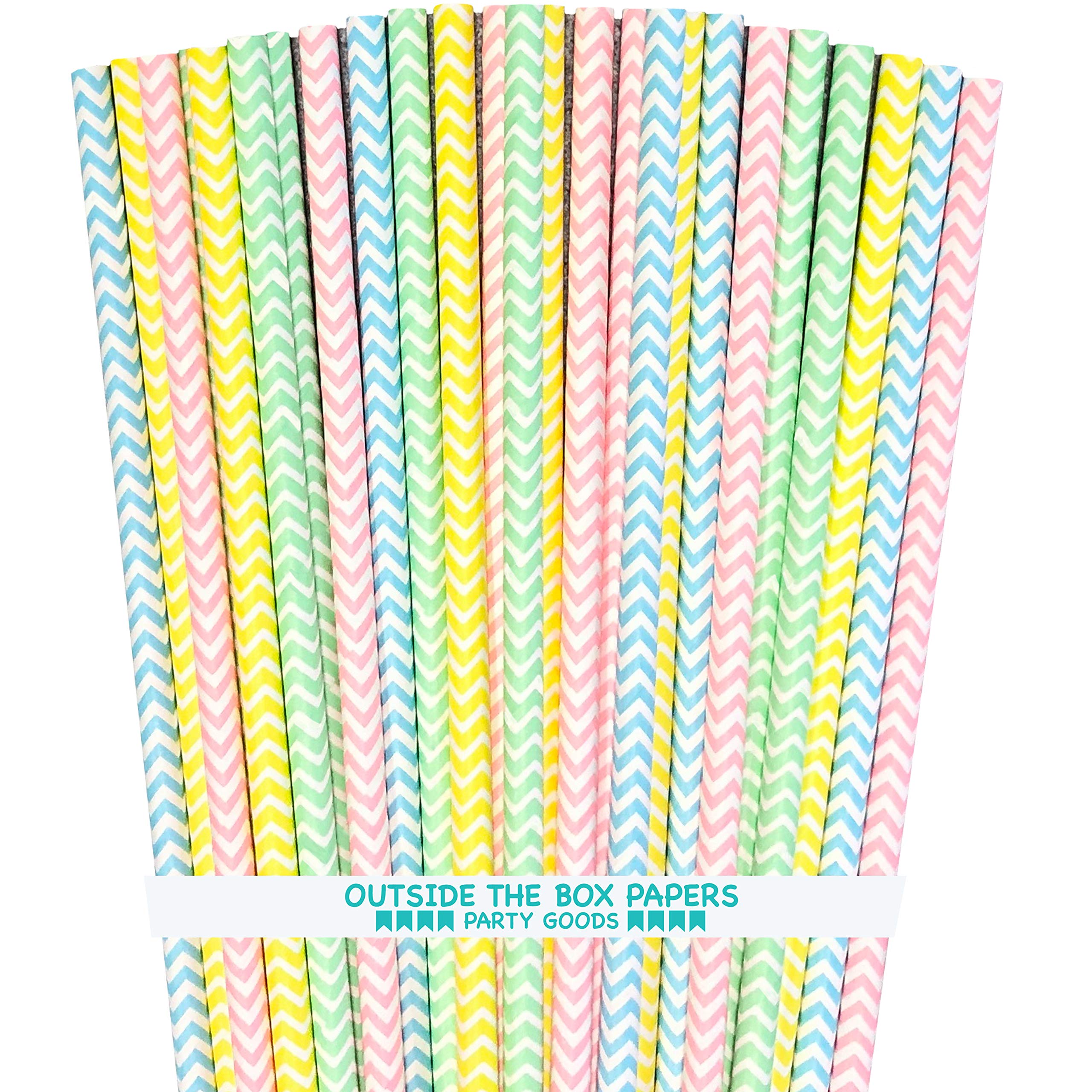 Outside the Box Papers Pastel Chevron Paper Straws - Easter Straws - 100 Pack Pink, Light Blue, Yellow, Green
