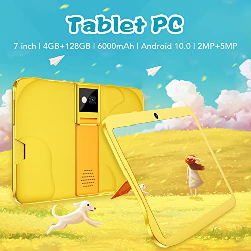 VINGVO 7in Kids Tablet, 100-240V HD Tablet 2.4G 5G Dual Band Front 2MP Rear 5MP 6000mAh Battery 4GB 128G Octa Core Processor Yellow for Android 10 for Reading (Yellow)
