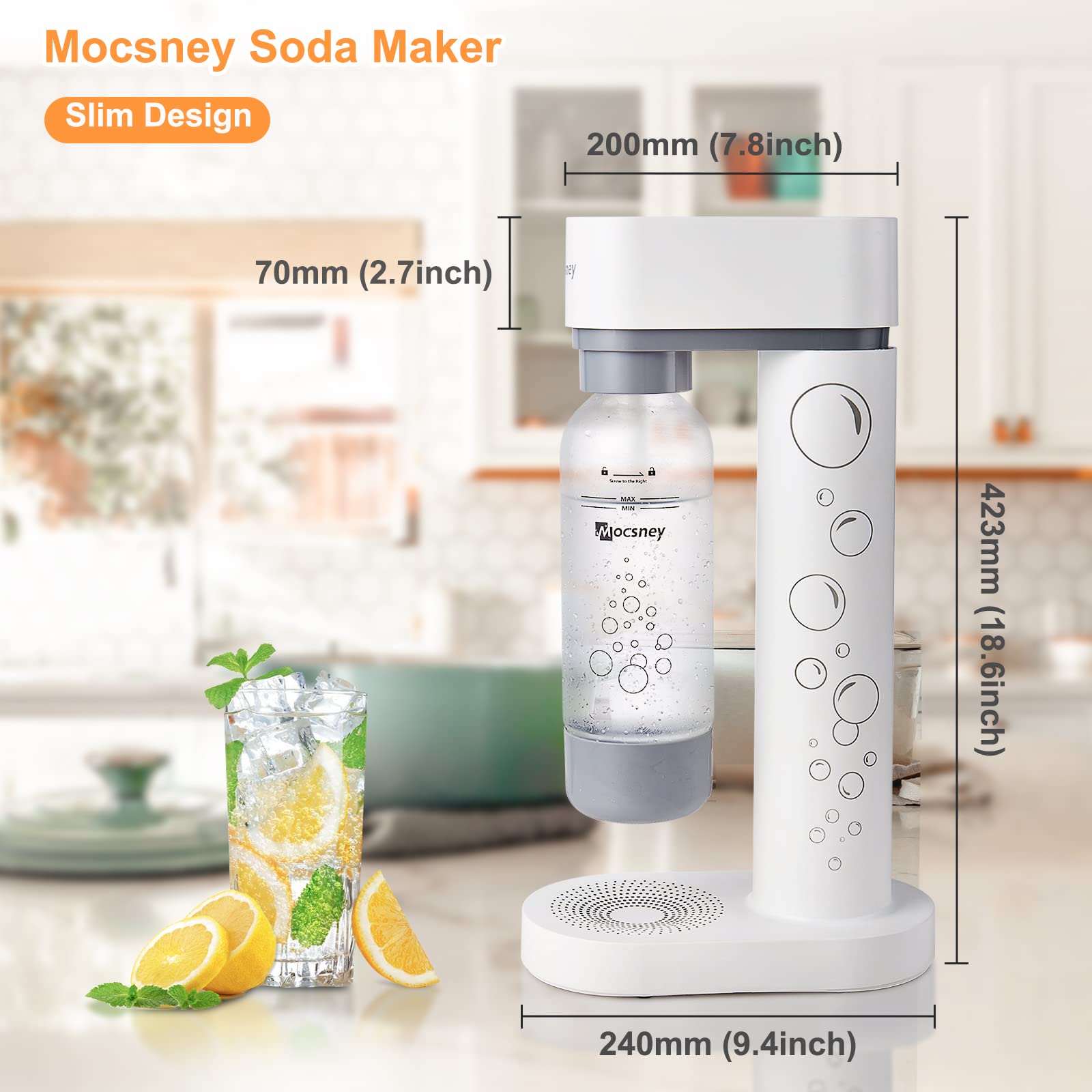 Mocsney Soda Maker, Sparkling Water Maker, Soda Maker Machine for Home Use with Safe-lock, Compatible with Any Screw-in 60L CO2 Cylinder (NOT Included)