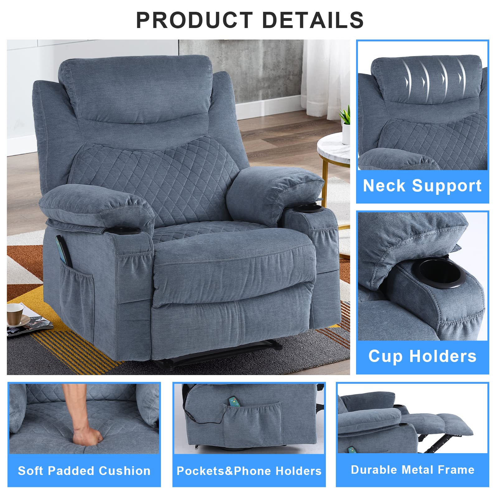 Kasorix Overstuffed Massage Recliner Chairs with Heat, Fabric Manual Reclining Chair with Cup Holders, Home Theater Seating Single Recliner Sofa (Blue), Medium(300lbs)