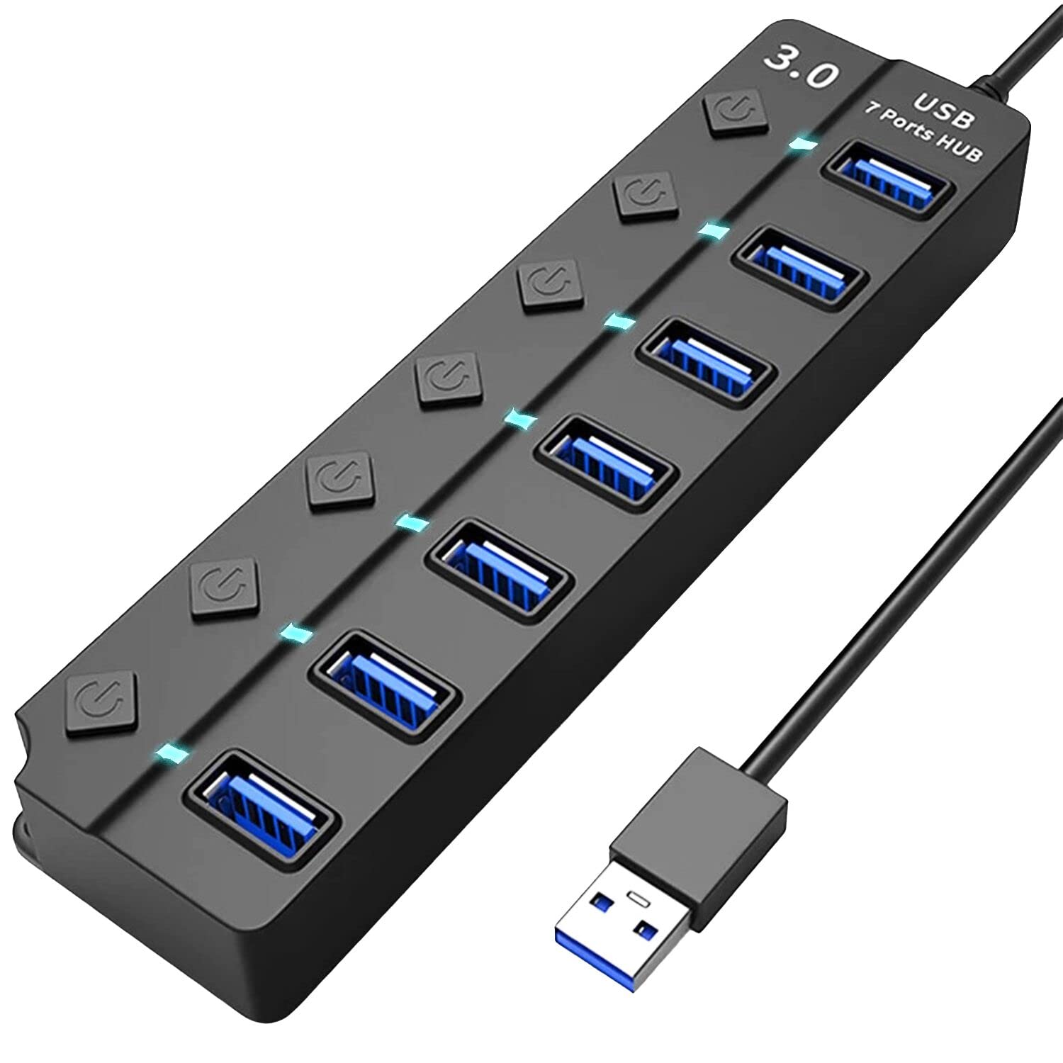 USB 3.0 Hub, AKWOR 7-Port USB Hub Splitter with Individual Switch and LED Indicator Light for Laptop, PC, MacBook, Mac Pro, Mac Mini, iMac, Surface Pro and More-1FT