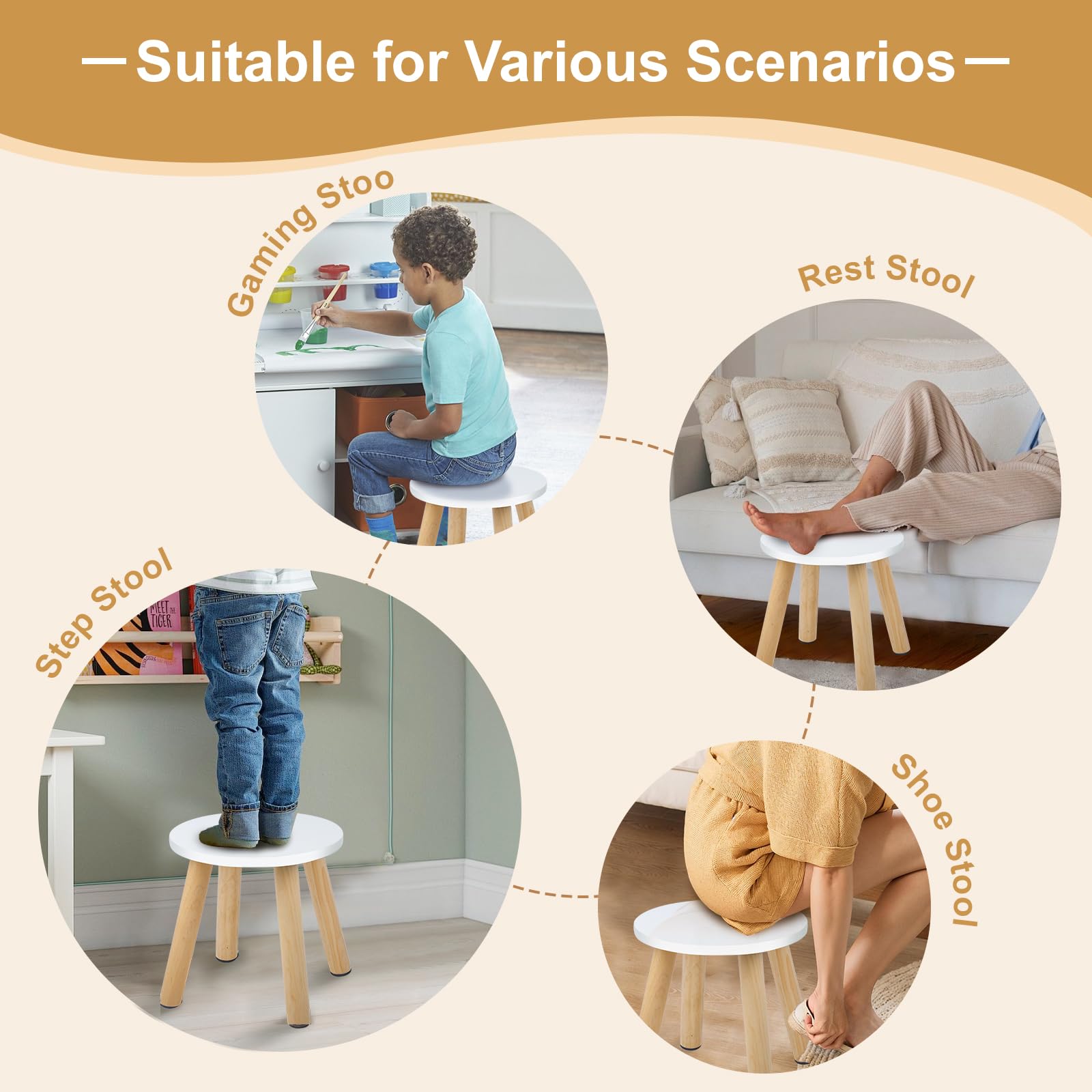 Wooden Step Stool for Kids, Children's Stool Matched Sensory Table, Children Sitting Stool with Assembled Four-Legged, Multi-Purpose Kids Chairs for Bathroom Kitchen Bedroom, Natural Anti-Slip, 2 Pack