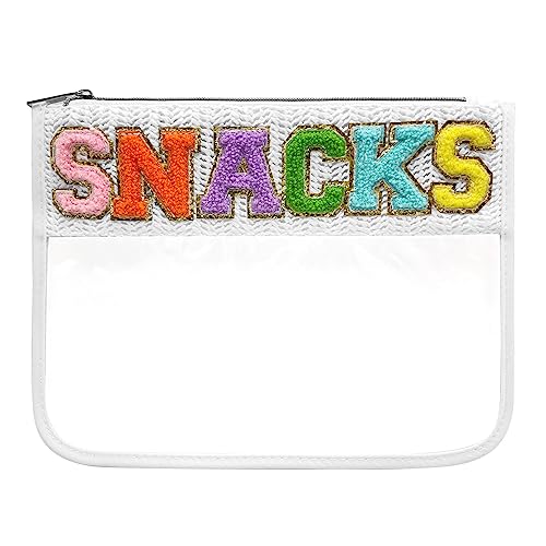 TOSOUATOP Makeup Bag With Glitter Chenille Letter, Clear Snack Letter Bag, Beach Bag, 【High-Capacity】, 【Woven Design】, 【Waterproof Material】, Travel Makeup Bag for Women/Girls,White-SNACKS