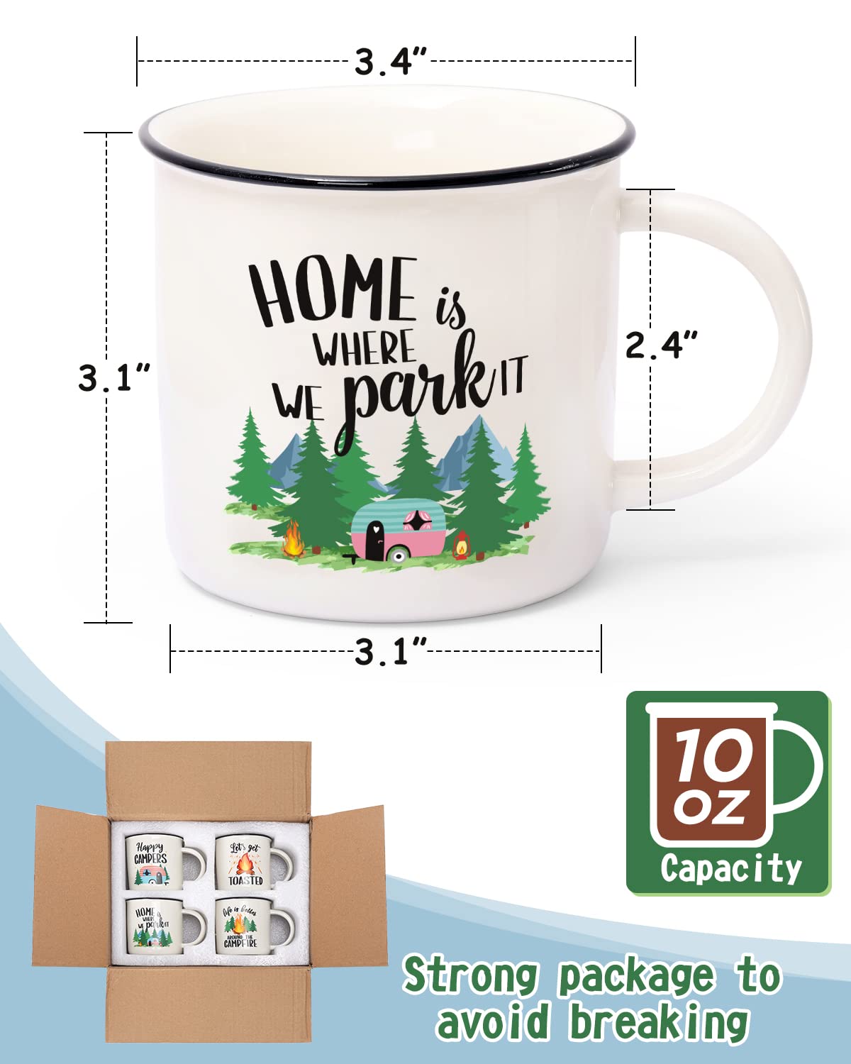 Nefelibata Camping Coffee Mug Set of 4 Happy Campers Campfire Tea Cups for Coffee, Tea, Milk Travel Ceramic Mug Camping Lover Holiday Gifts
