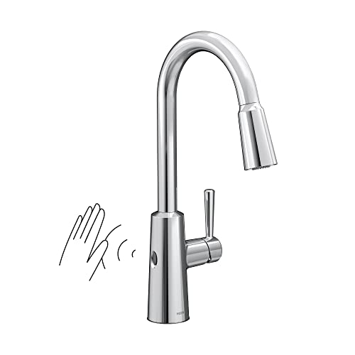 Moen 7402EW Riley Single Handle Chrome High Arc Pull Down Kitchen Faucet with Motionsense Wave, Power Clean Spray Technology, and Reflex System, Sensor, Modern, Aa Batteries
