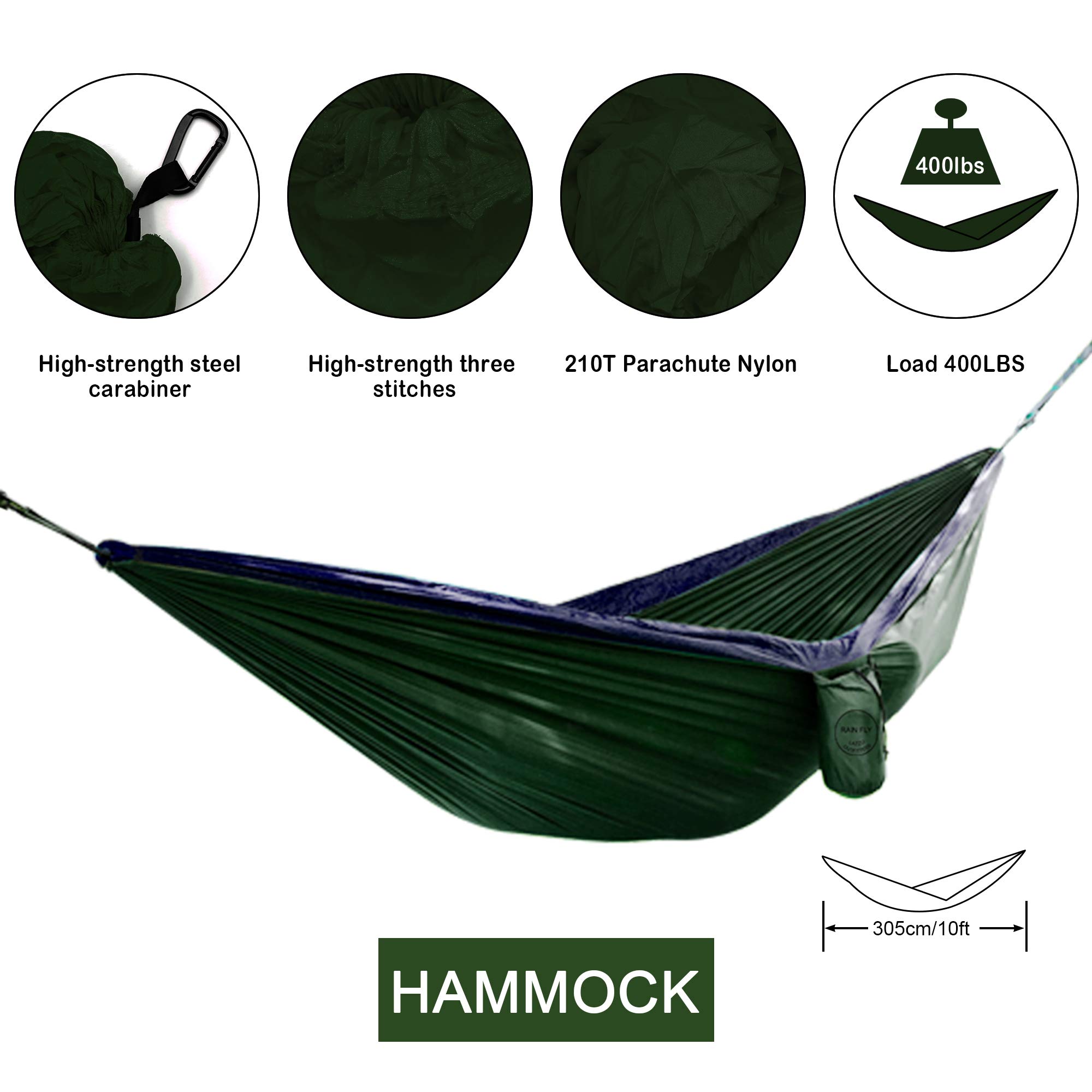 LAZZO Camping Hammock Set All-Inclusive,Double Hammock,Bug Net,Tarp,Suspension,Guyline,Stakes and Backpack,Perfect for Backpacking,Camping,Hiking & Yard (Olive, 10)