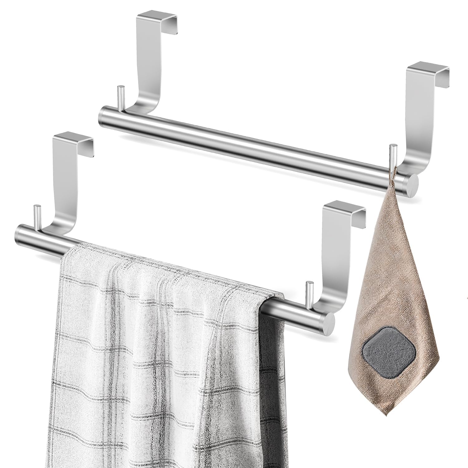 VEHHE Kitchen Towel Holder - 2pcs Over Cabinet Door Hand Dish Towel Bar Rack Holders with 2 Hooks& VEHHE Kitchen Towel Holder, Retractable Kitchen Towel Rack, Hooks Adjustable to Door Thickness.