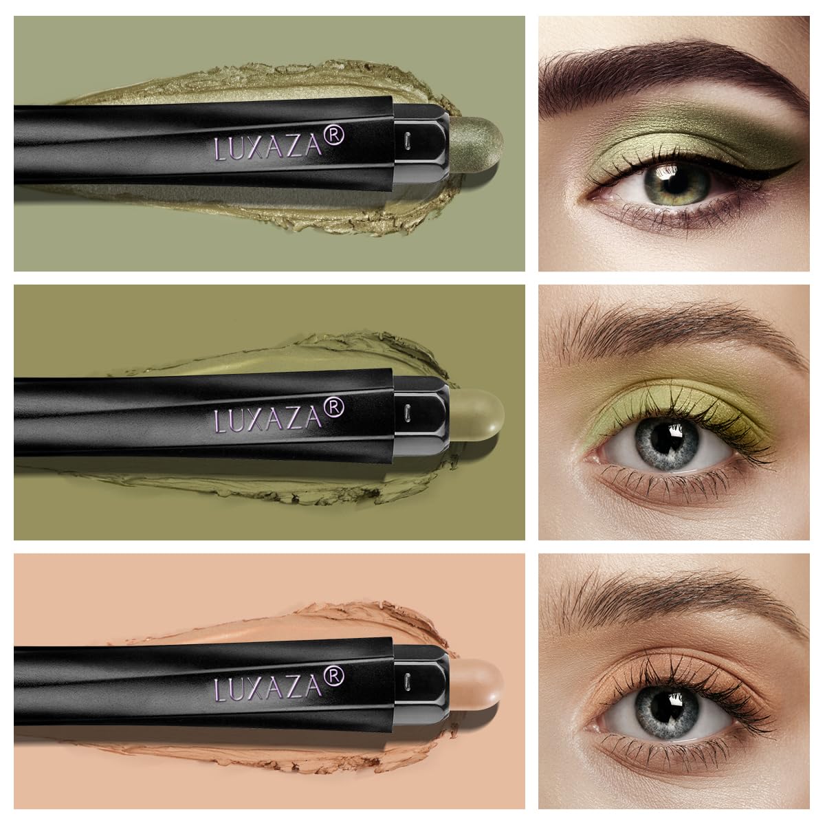 LUXAZA 3PCS Eyeshadow Stick, Metallic And Green Eye shadow Sticks Pencil Crayon,Eye Brightener Stick Makeup with Crease-proof Formula