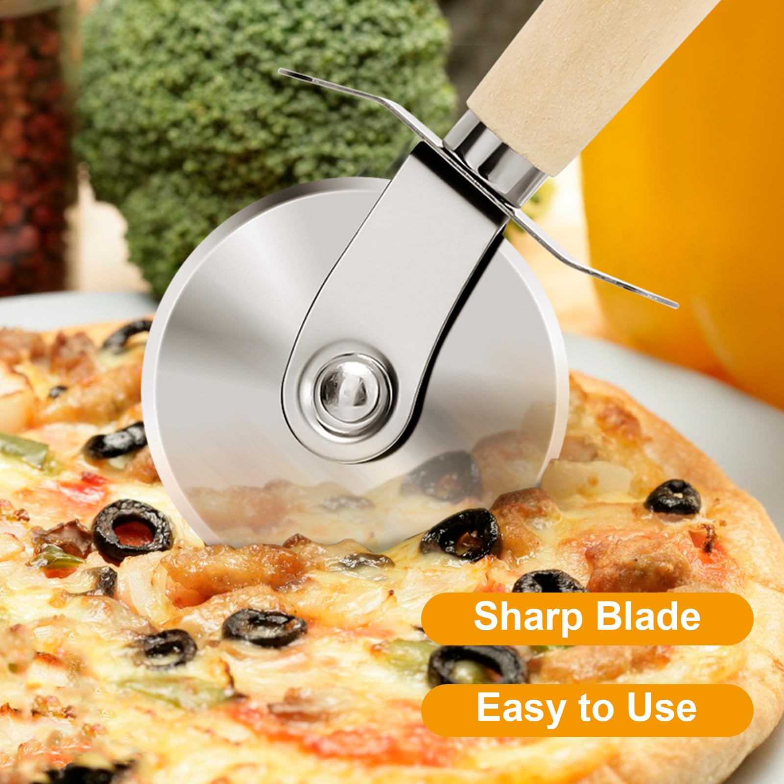 Pizza Cutter Wheel,Stainless Steel Pizza Slicer with Finger Guard Protection,Classic Pizza Cutter with Wooden Handle and Sharp Blade,Dishwasher Safe