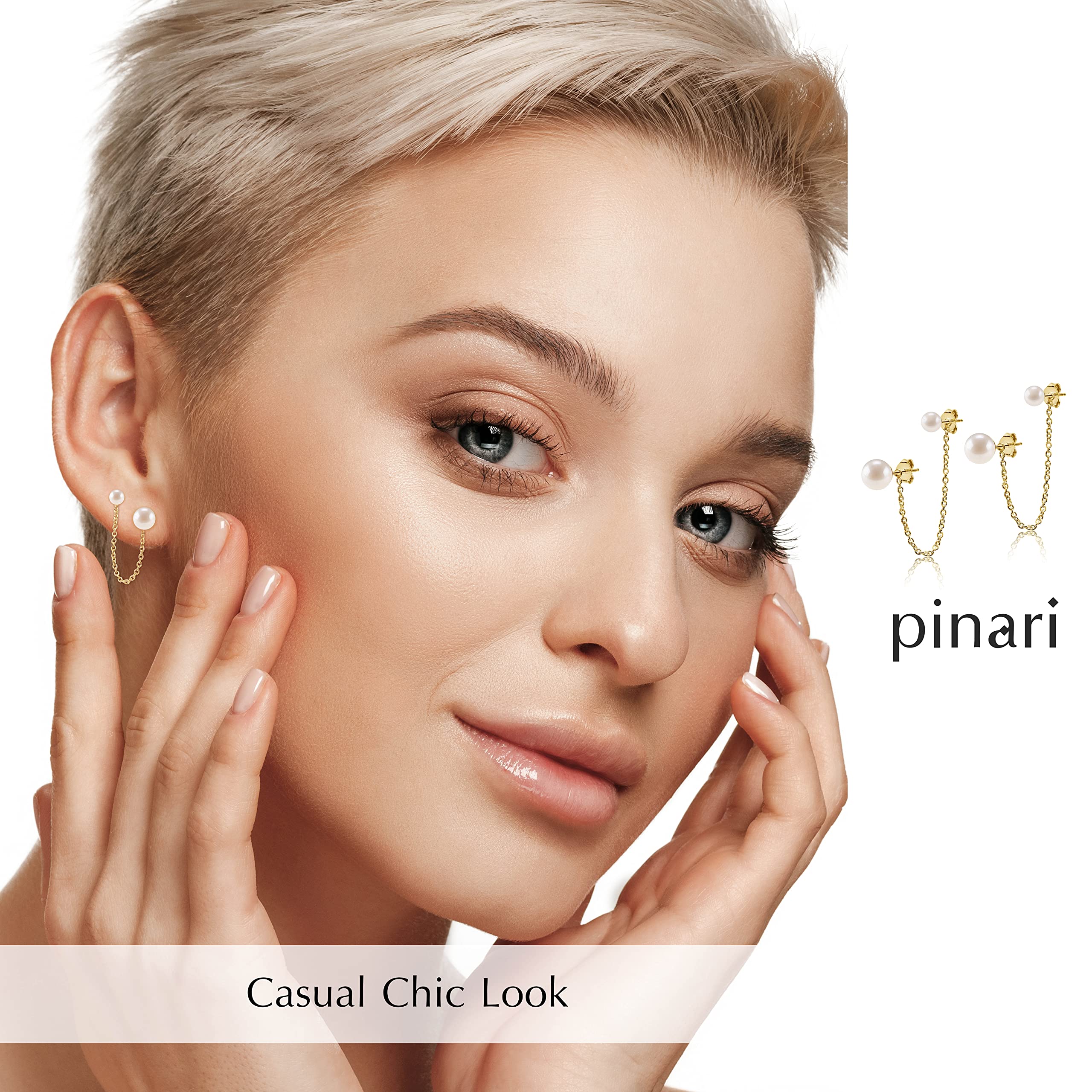 Pinari Double Piercing Pearl Earrings Set β Gold Plated Detachable Chain - 2 Pairs of Shell Pearl Studs β Sterling Silver Double Earrings for Two Holes