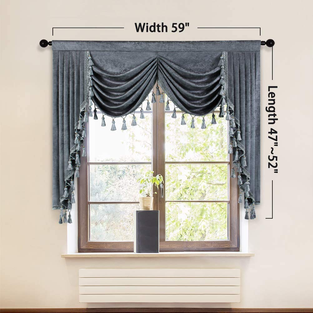 LUXCHIC Grey Chenille Curtains Valance for Living Room Window Waterfall Valance for Kitchen, Rod Pocket (Gray, 59'')