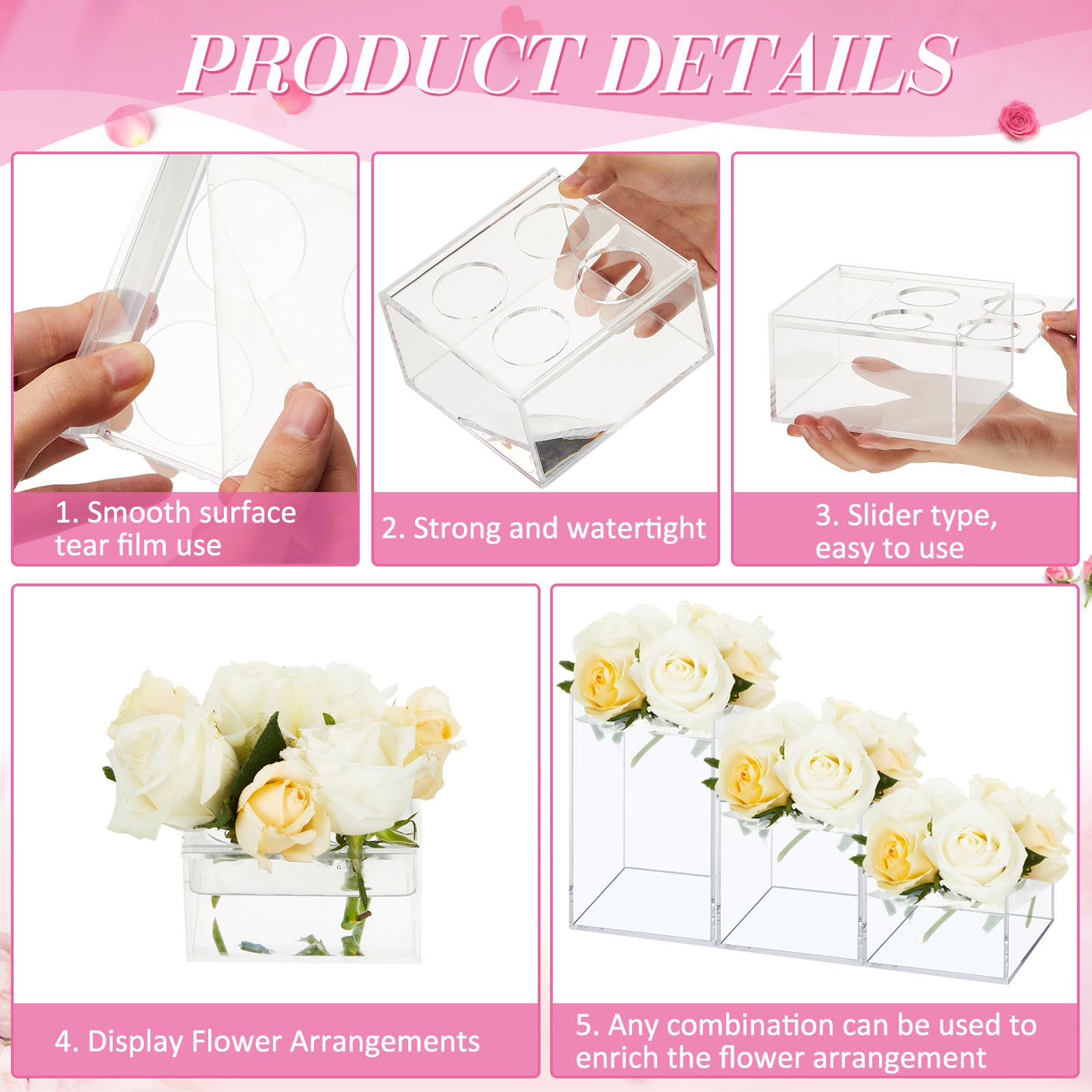 Mifoci 3 Pcs Clear Acrylic Flower Vase Floral Long Square Centerpiece for Dining Table Modern Decorative Acrylic Flower Box for Home Wedding Centerpiece Decor, 3 Different Heights