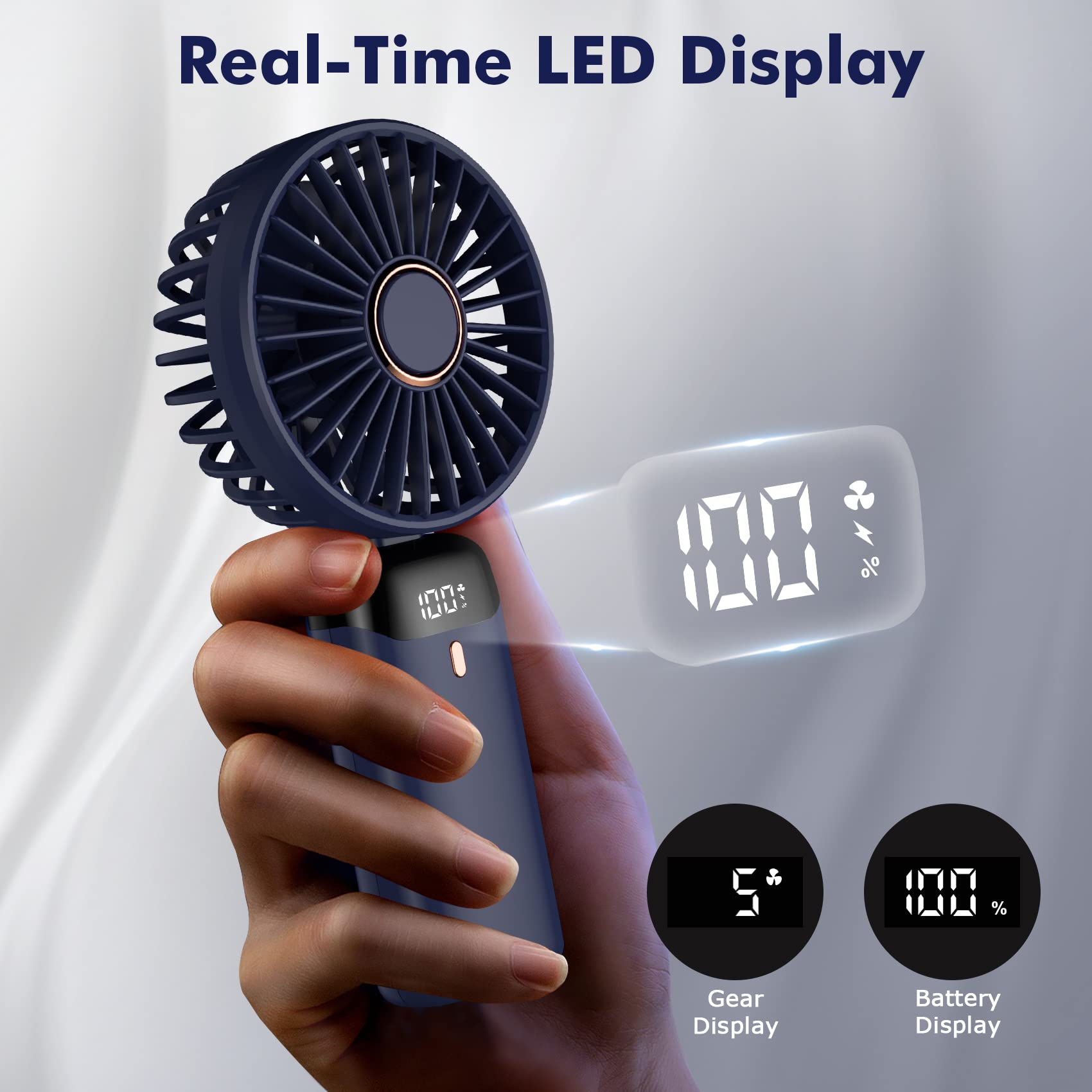 Rafada Handheld Fan, Mini Portable Fan USB Rechargeable, Small Pocket Fan 5 speeds with Lanyard and Base, Built-in 4200mAh Battery USB Desk Fan Foldable for Office, Outdoor, Home, School
