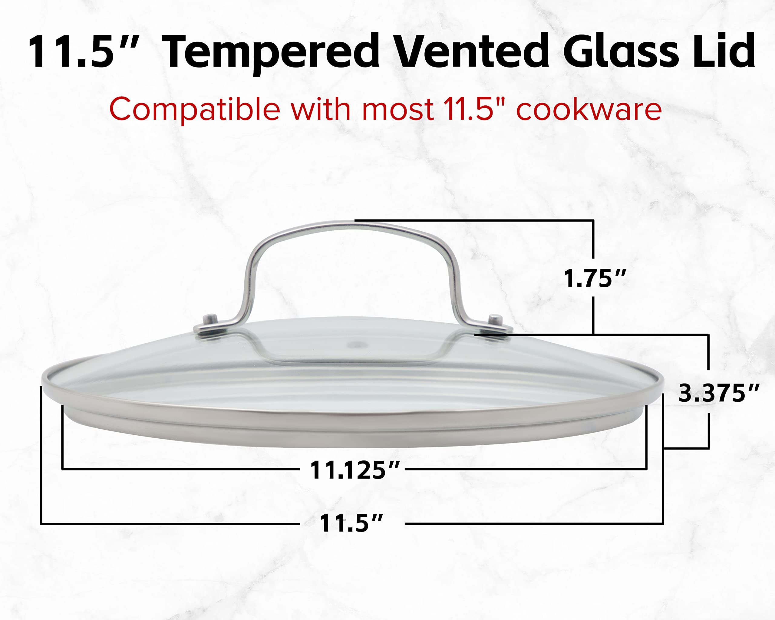 Nuwave 11.5” Tempered Vented Glass Lid, Shatter-Resistant, Oven Safe, Dishwasher Safe, Stainless-Steel Rim and Handle