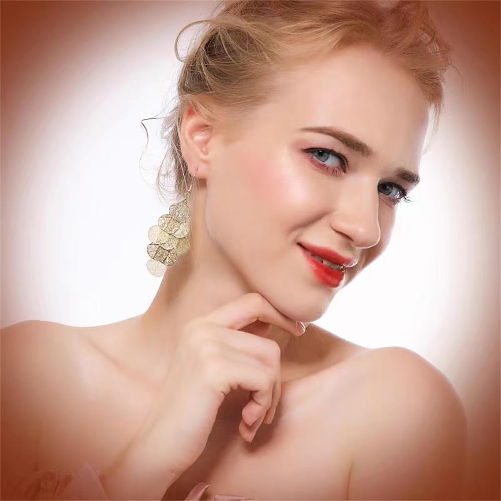Rofeego 18k Gold Plated Layered Circle Leaf Chandelier Dangle Drop Earrings –Boho Lightweight Filigree Earring