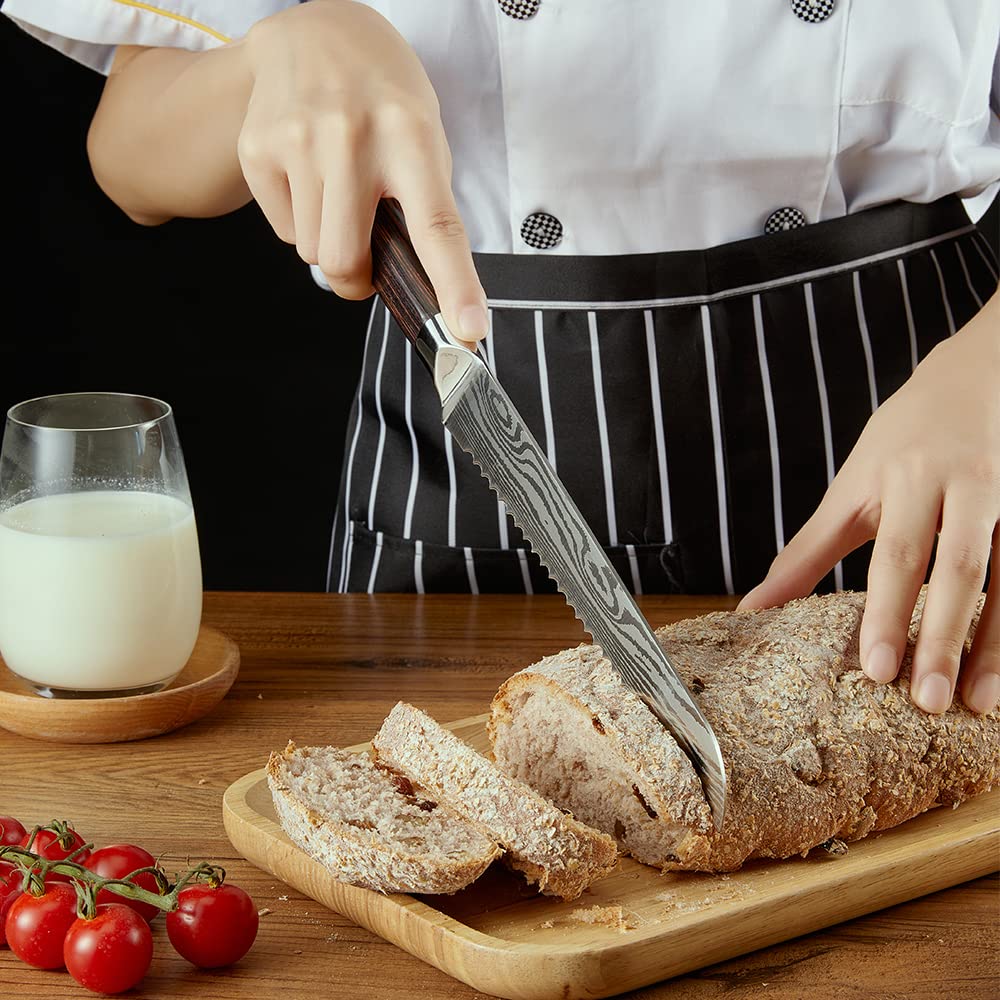 SipLip Knife set 6 Pieces with Wooden Block, German Stainless Steel Kitchen Chef Knives Set come with Gift Box