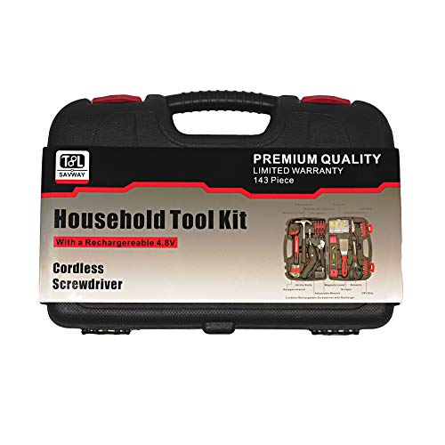 Small Home Tool Kit included Battery Screwdriver Cordless Women's Tool Kit with Case-SAVWAY P7994 Hand Tool Set with Black Toolbox for DIY Projects