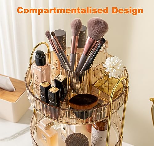 LAECHATAR Rotating Makeup Organizer for Vanity 3 Tiers, Large Capacity Skincare Organizers and Storage, Perfume Organizer Countertop, Spinning Bathroom Lazy Susan (Vintage Gold)