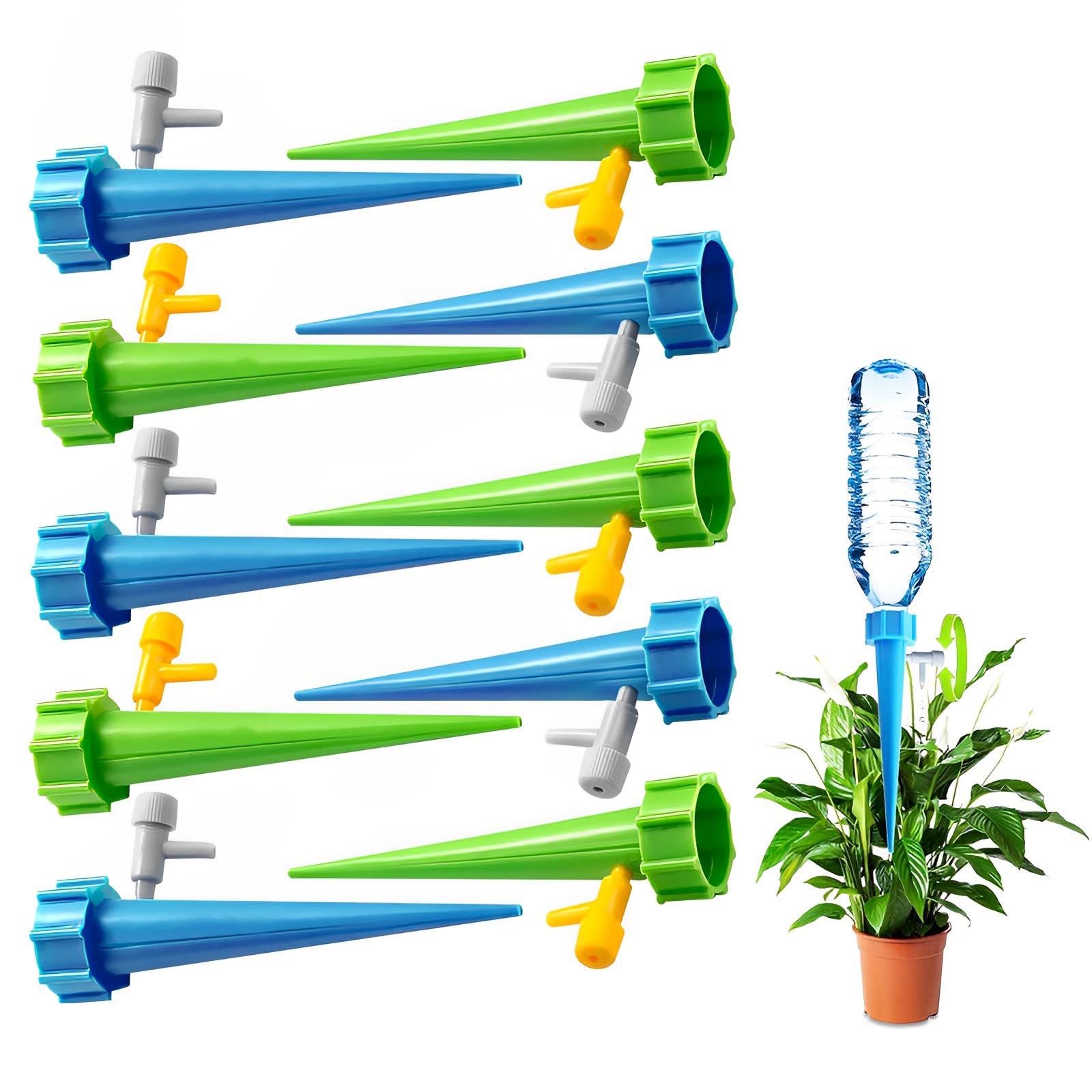 Plant Self Watering Spikes Drip Irrigation Kit 10 Pcs Plant Self Watering Devices Automatic Irrigation Planters Saving Water, Energy, Time(5 Green & 5 Blue Planter Insert)