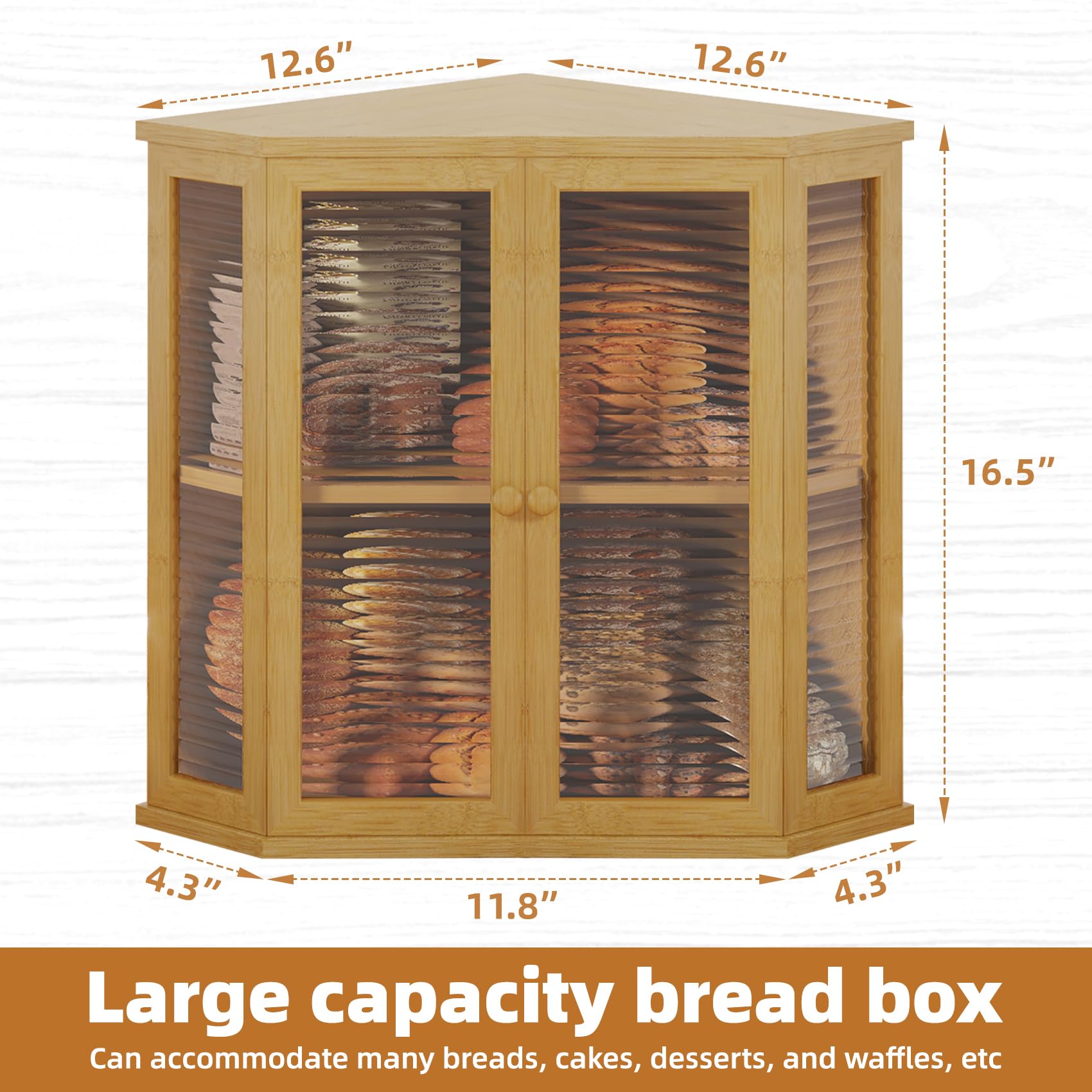 WouZglk Extra Large Corner Bread Box for Kitchen Countertop, 16.5 inch Bamboo Double Layer Bread Storage with Glass Wavy Door Panel, Eco-Friendly and Stylish Design