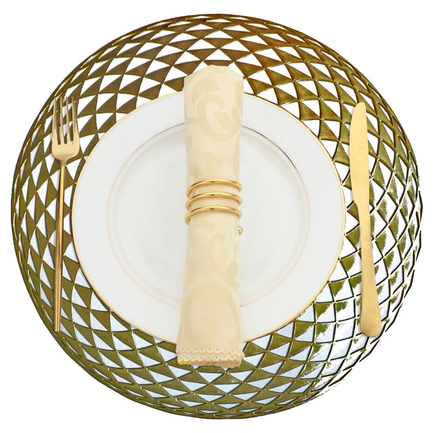 Metallic Placemats Set of 4 - Easy to Clean, Washable Decorative Place Mats for Kitchen and Dining Table - Non-Slip Round Table Mats - Dinnerware & Accessories - Dining Table Centerpiece Decor, Gold