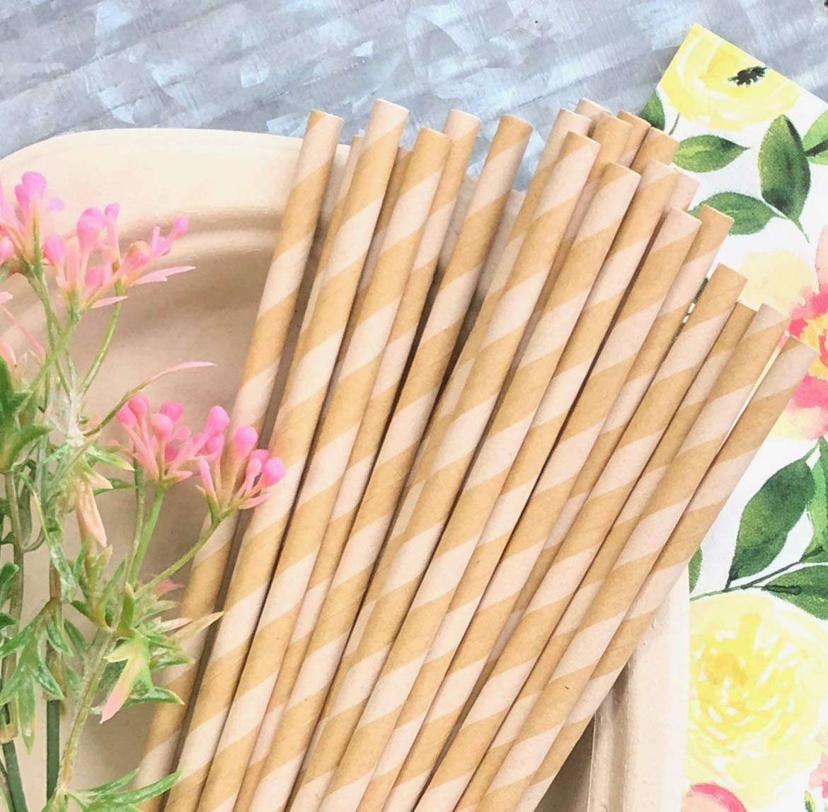Paper Straws - Kraft Brown - Stripe - 7.75 Inches - 100 Pack Outside the Box Papers Brand