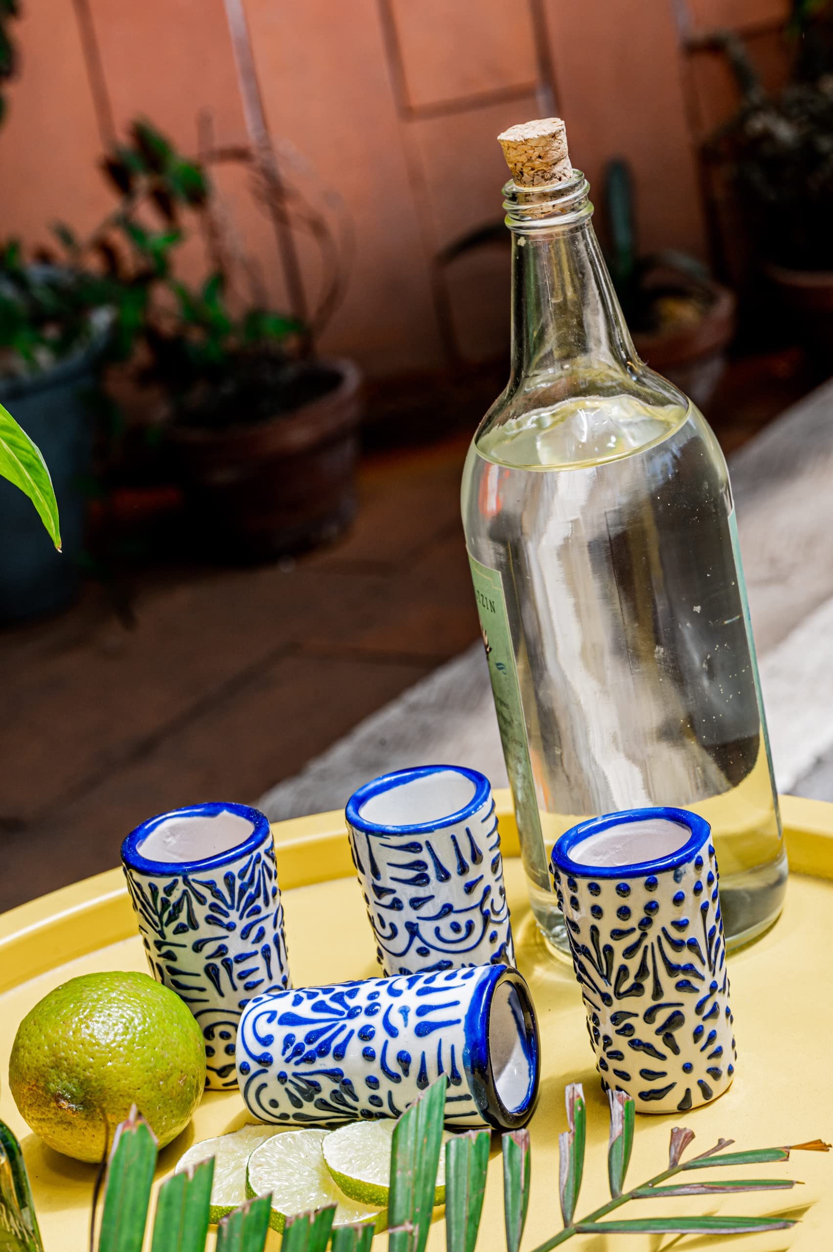 MEXTEQUIL - Talavera Shot Glasses Set of 4 Authentic Mexican Tequila Shot Glasses - Hand-painted - 2 Oz (Blue Lace)