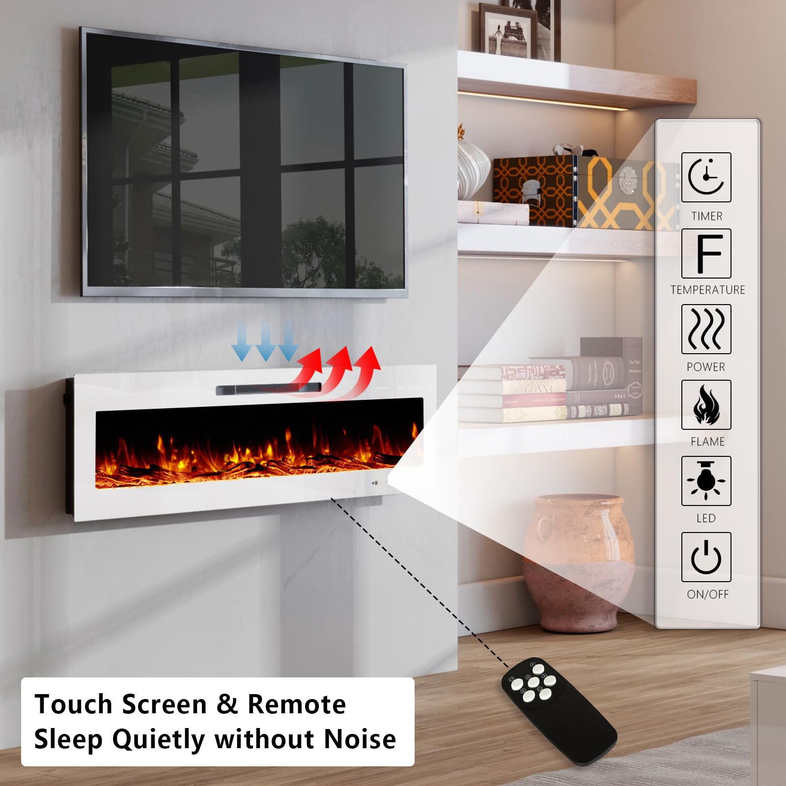 LUXOAK 60" Recessed and Wall Mounted Electric Fireplace with Adjustable Flame Brightness, Mirrored Fireplace Freestanding with Legs, Remote Control & Touch Screen, Low Noise, White