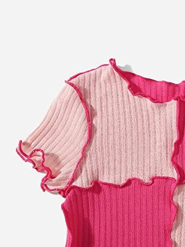 Milumia Girl's Rib Knit Color Block Crop Tee Short Sleeve Lettuce Trim Crewneck Tshirt Pink 11-12 Years
