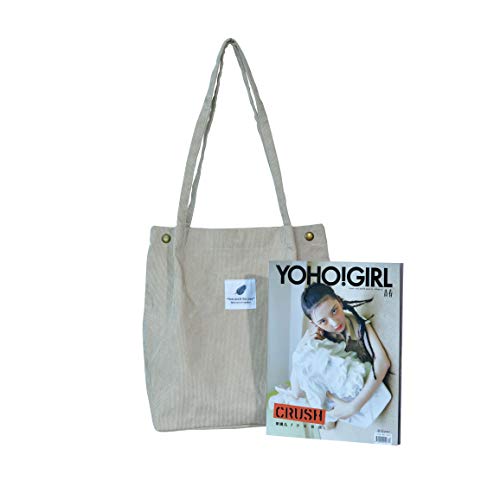 MODANA Corduroy Tote Shopping Bag with Interior Pocket, Reusable Washable and Ecofriendly, Perfect Totes for Shopping Travelling School and So on (Beige)