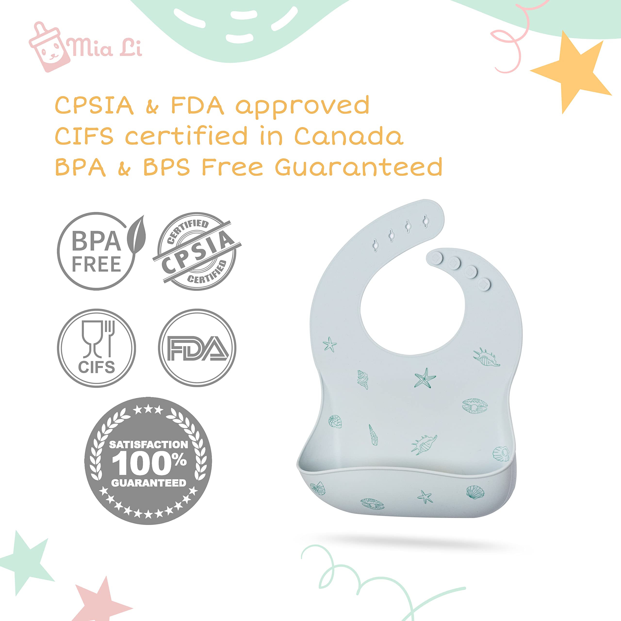 Mia Li Silicone Bibs – 3pcs Waterproof Silicone Bib Set – Silicone Baby Bibs for Girls and Boys - Baby Bib Pocket with Adjustable Closure – Non-Messy Toddler Bib (Seashells - Cloud, Sage & Stone)