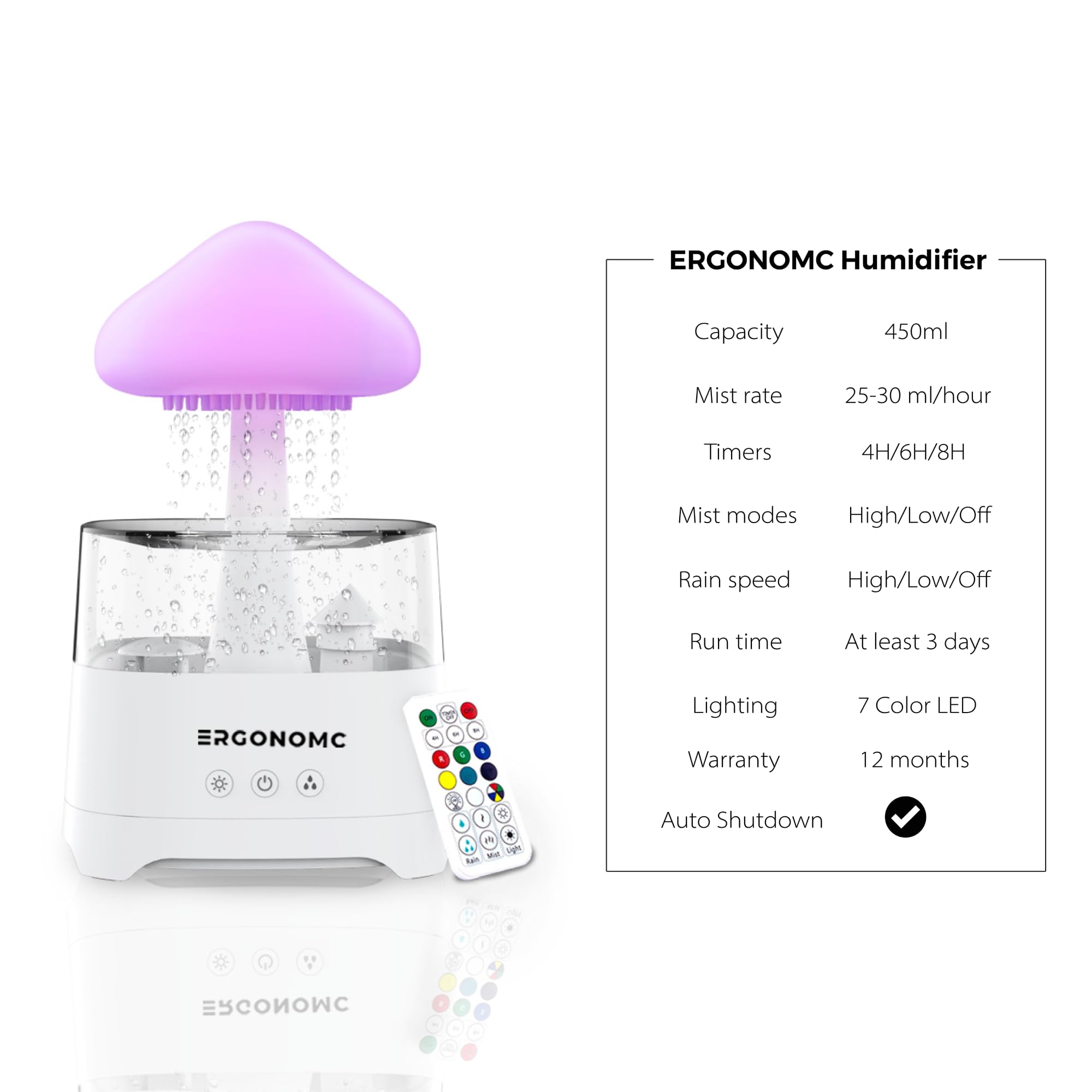 Rain Cloud Humidifier Water Drip, 2X Cool Mist Rate Ultrasonic Aromatherapy Diffuser by Ergonomc: Remote Controlled, 7 Color Night Light, 450ml, Auto Shut Off, Mushroom Humidifier, 1Yr Warranty