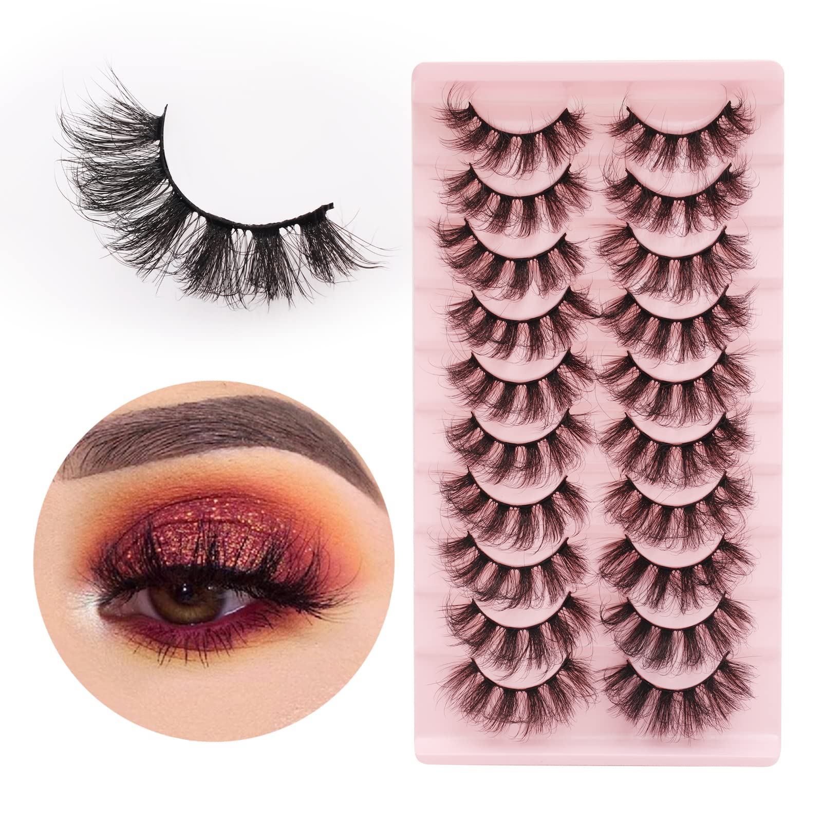 MilyBest Lashes False Eyelashes 10 Pairs Fluffy Cat Eye Faux Mink Lashes PestaƱas Postizas D Curl Volume Fake Lashes Wispy Natural Look Eye Lashes Strip Sets Pack