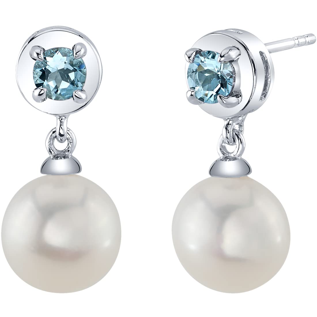 Peora 8mm Freshwater Cultured White Pearl and Aquamarine Dangle Drop Earrings 925 Sterling Silver, March Birthstone