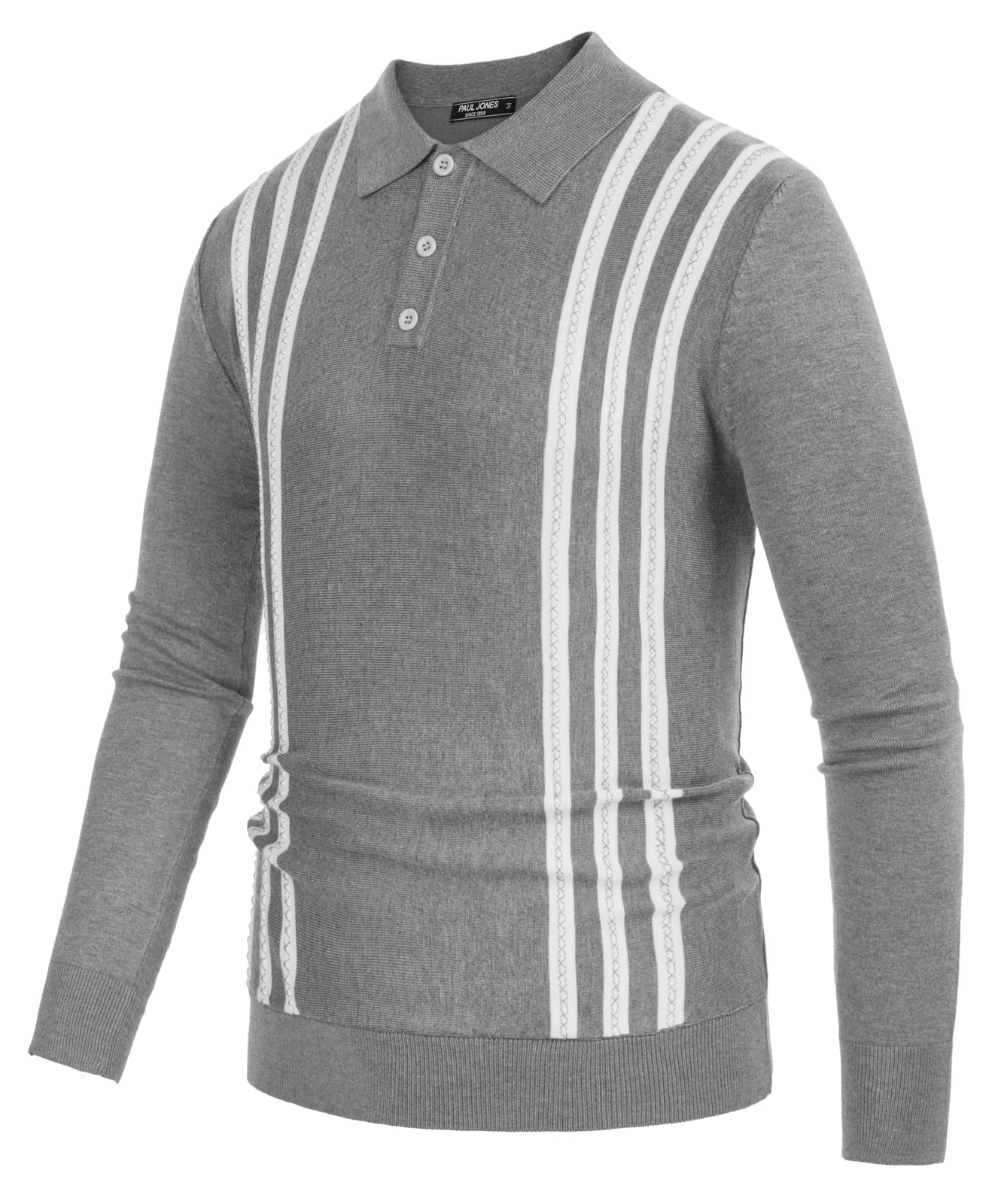 PJ PAUL JONES Men's Vintage Stripe Knitted Polo Shirts Breathable Button Casual Pullover Sweater Dark Grey XX-Large
