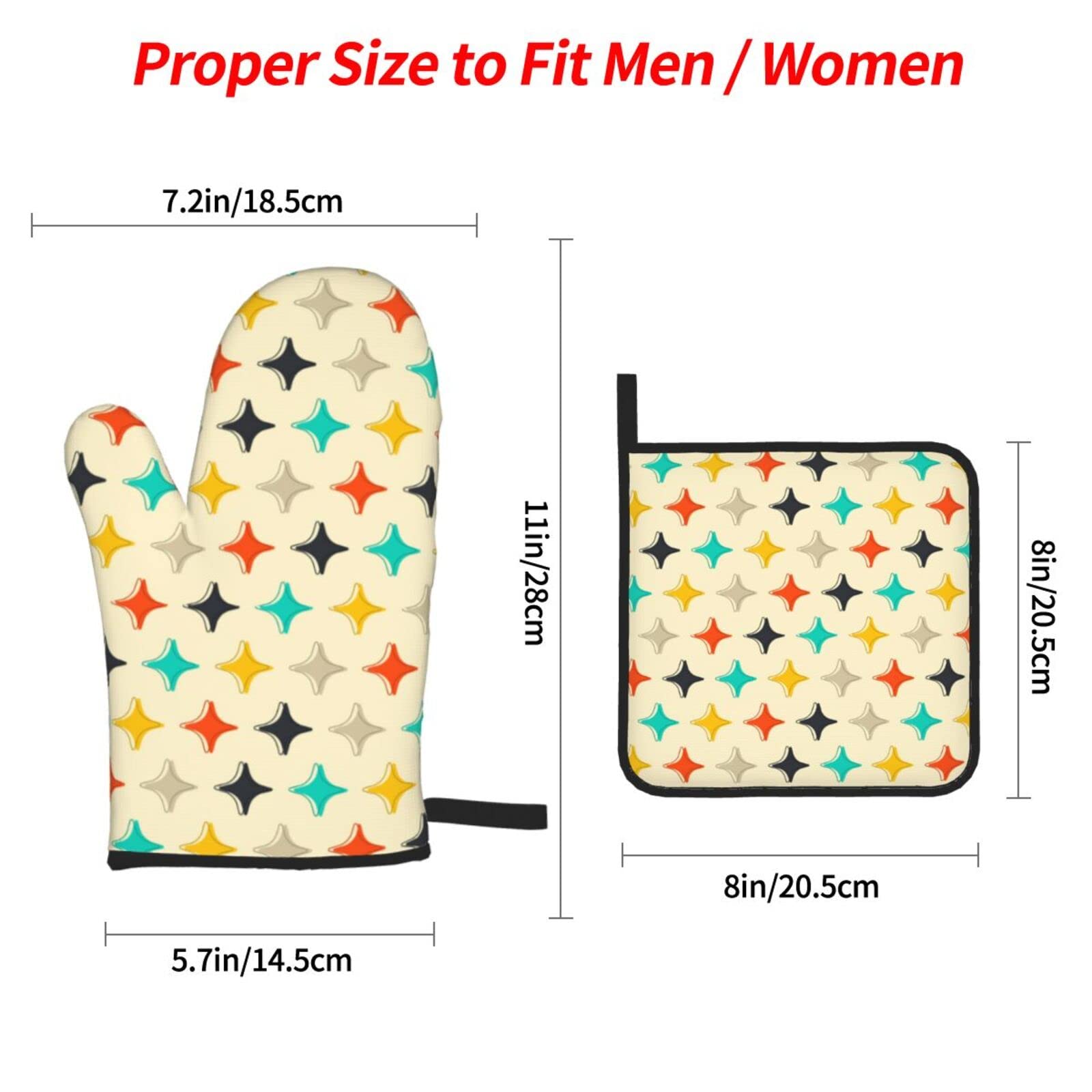 Modern Atomic Stars Retro Colors Oven Mitts and Pot Holders 4pcs Sets,Funny Kitchen High Heat Resistant Oven Mitts,with Oven Gloves and Hot Pads Pot Holders for Baking Cooking BBQ Grilling