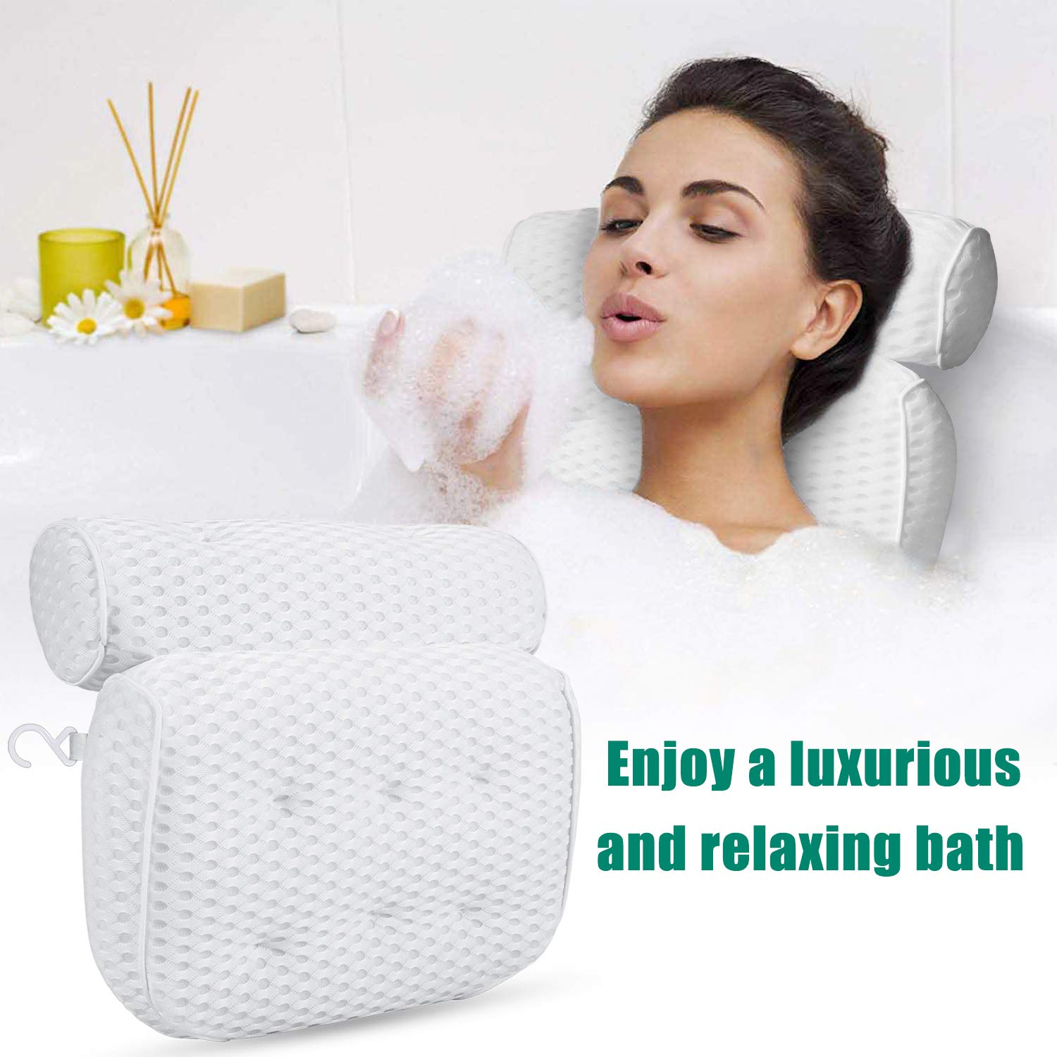 Luxury Bath Pillow, Non-Slip Upgraded Bathtub Pillow (8 Suction Cups), Enlarged Suction Cups with Stronger Suction, Upgraded 4D Tub Pillow, Better Neck and Back Support, Soft & Quick-Drying