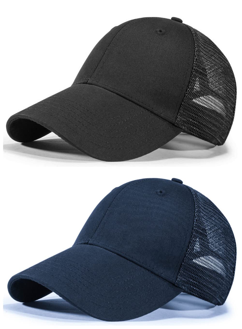 pnytoo 2 Pack Unisex Cotton Adjustable Trucker Mesh Sun Hat Casual Sports Baseball Cap (2 Pack Black/Navy Blue)