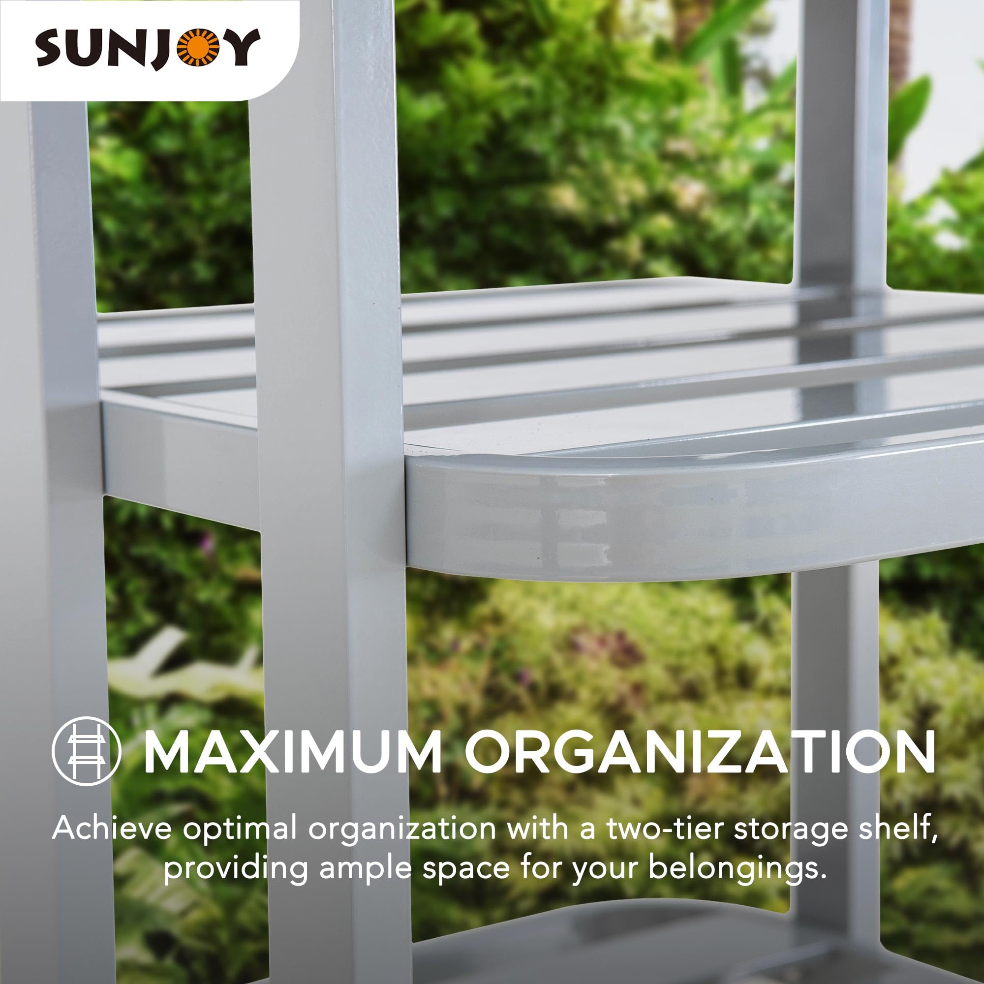 Sunjoy Aluminum Frame Pool Towel Valet Tower with 2-tier Shelves And A Large All-Weather Wicker Storage Basket for Dirty Towels, Grey