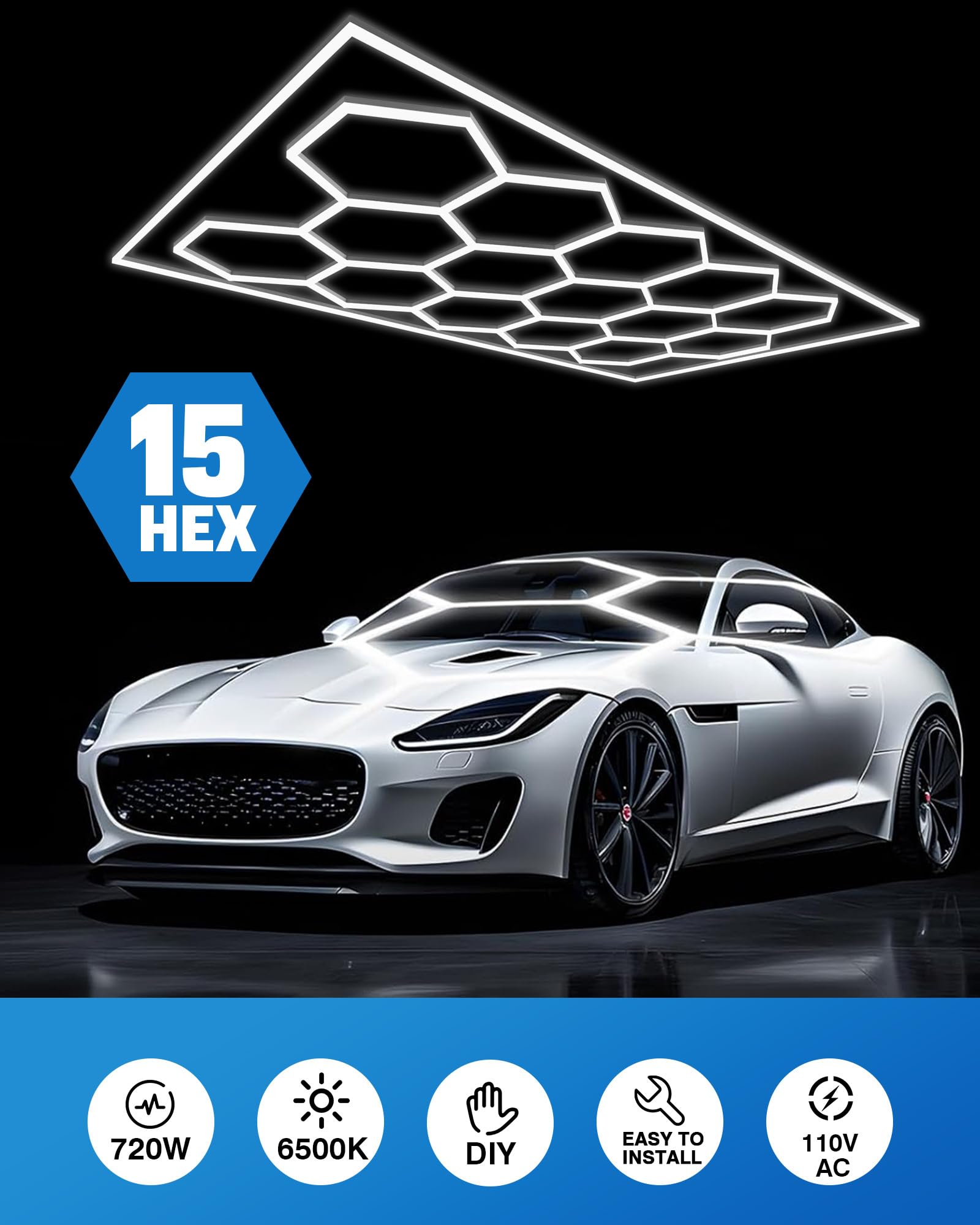 WTLI LED Hexagon Garage Light, 6500K Honeycomb Light 15 Hexagonal Light with Rectangle Border for Garage Workshop Warehouse 60600LM,IP54, 720W
