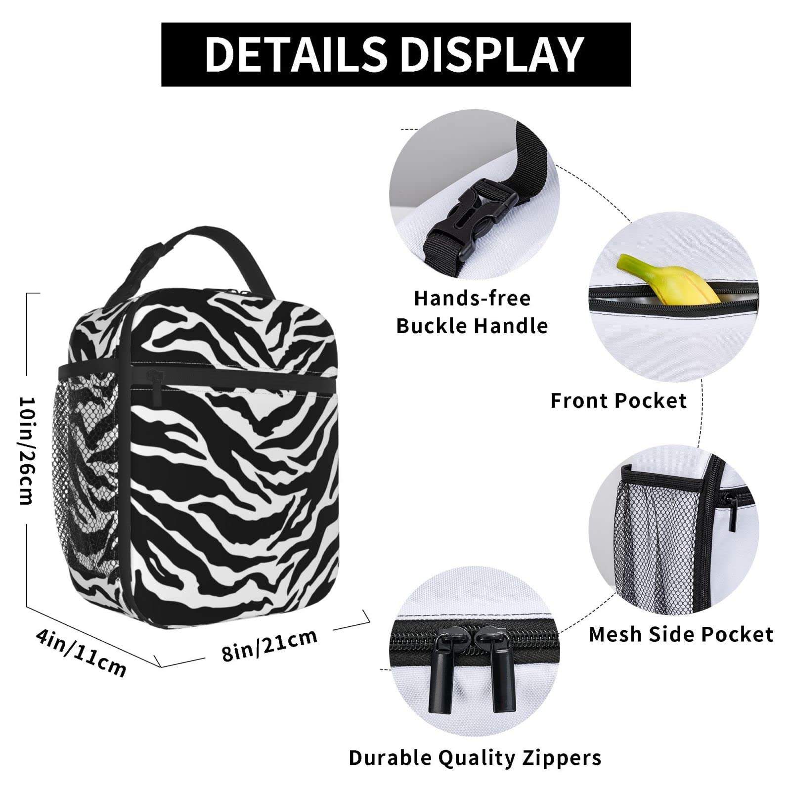oumghxf Zebra Leopard Print Lunch Bags for Women,Leakproof Insulated Animal Print Lunch Box Reusable Zipper Black White Cooler Tote Bag for Work,Picnic,Camping