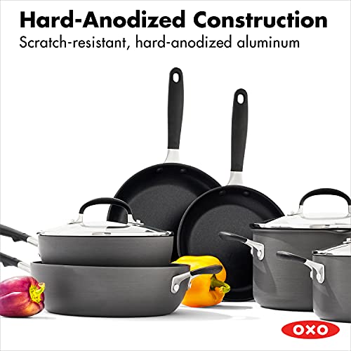 OXO Good Grips 10 Piece Cookware Pots and Pans Set, 3-Layered German Engineered Nonstick Coating, Stainless Steel Handle with Nonslip Silicone, Gray,Black