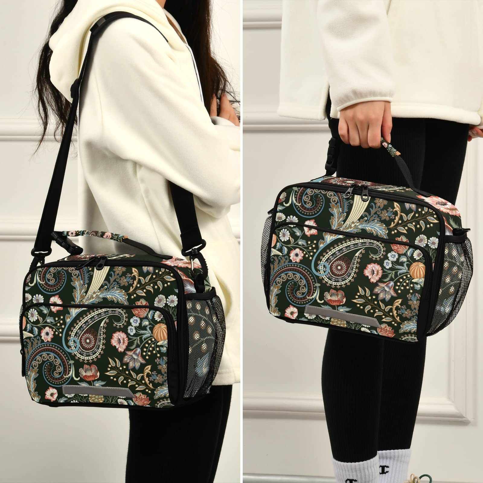 panksolu Paisley Flowers Floral Lunch Bag, Insulated Lunch Box with Adjustable Shoulder Strap Cooler Tote Bag for Men Women Kids Teens