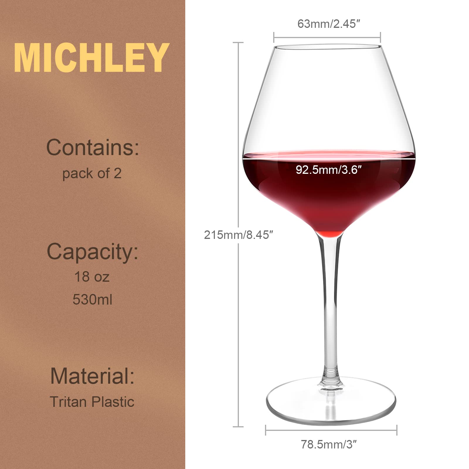 MICHLEY Unbreakable Tritan Plastic Wine Glasses Set of 2(18oz), Red Wine Glass with Long Stem, White Wine Drinking Cup Glassware