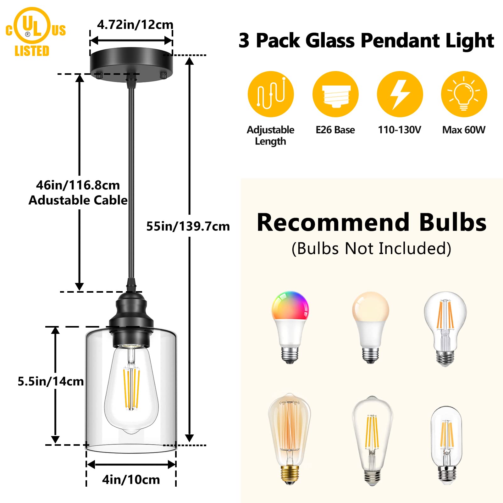 Licperron 3 Pack Hanging Pendant Lighting Fixtures, Adjustable Black Hanging Ceiling Lamp with Clear Glass Shade, Modern Pendant Light for Kitchen Island, Dining Room, Bedroom, Hallway