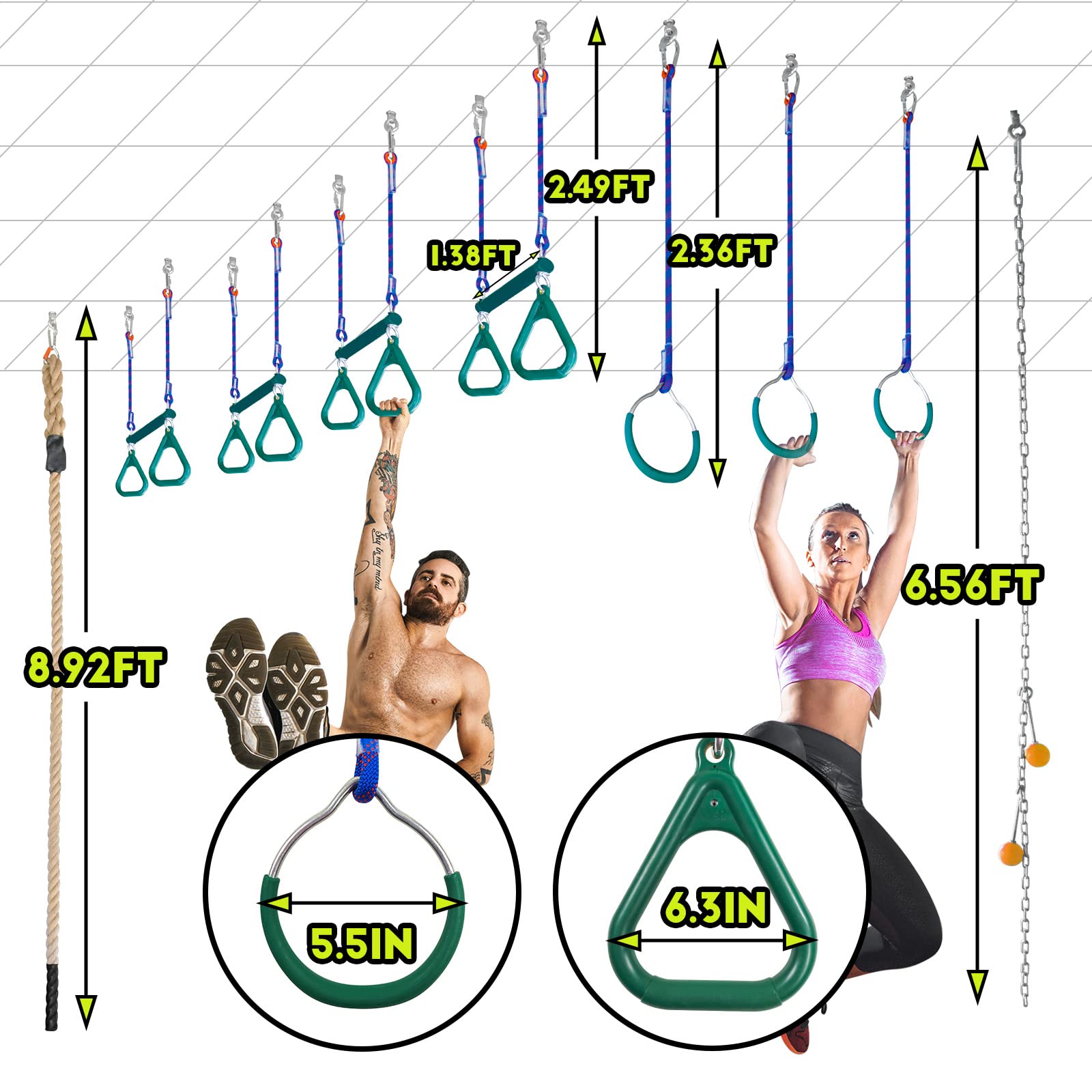 Perantlb Indoor Ninja Warrior Obstacle Course for Kids and Adults, Ninja Slackline Includes 7 Hanging Attachments,Roof Strength Training Set, which can Enhance arm Strength.
