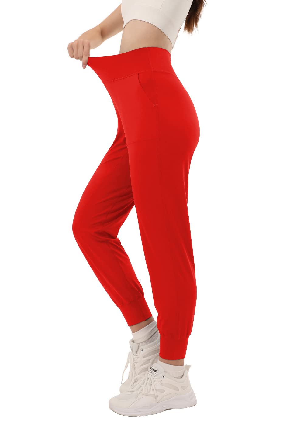 Rosemmetti Women's Joggers with Pockets,High Waist Tapered Sweatpants for Workout,Yoga,Running- Tomato red-M