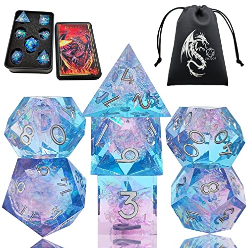 Sharp Edge Dice DND Dice Set, Resin Dice Polyhedral Dice D and D Dice Set Dungeons and Dragons Dice Set D&D with Metal Box & Bag for RPG Role Playing MTG Dice Game D20 D12 D10 D8 D6 D4 Blue and Pink