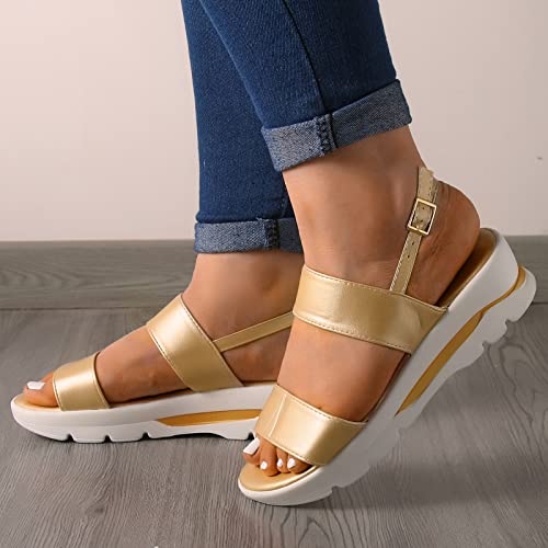Platform Sandals Women Slip On Breathable Comfy Block Chunky Heeled Platform Sandals for Party Dating Daily Gold